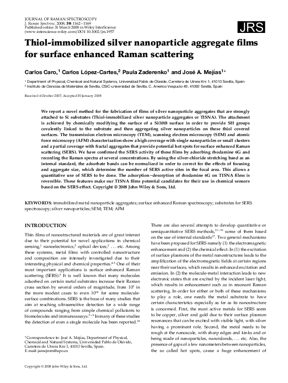 (PDF) Thiol-immobilized silver nanoparticle aggregate films for surface ...