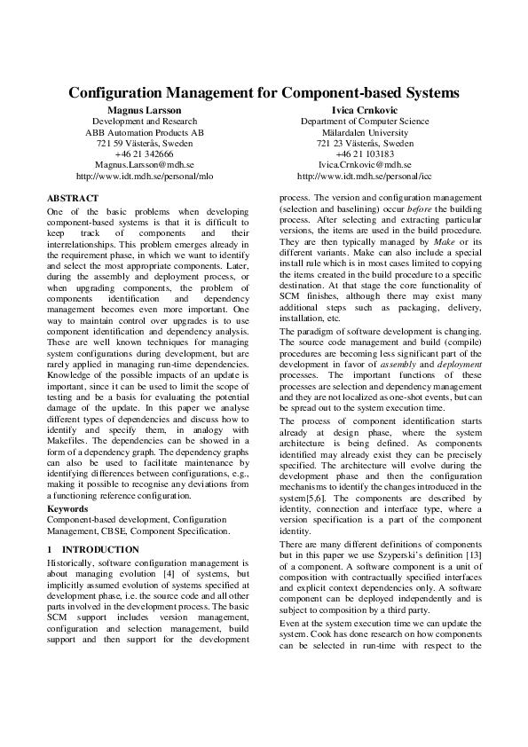(PDF) Configuration Management for Component-based Systems | Ivica Crnkovic - Academia.edu