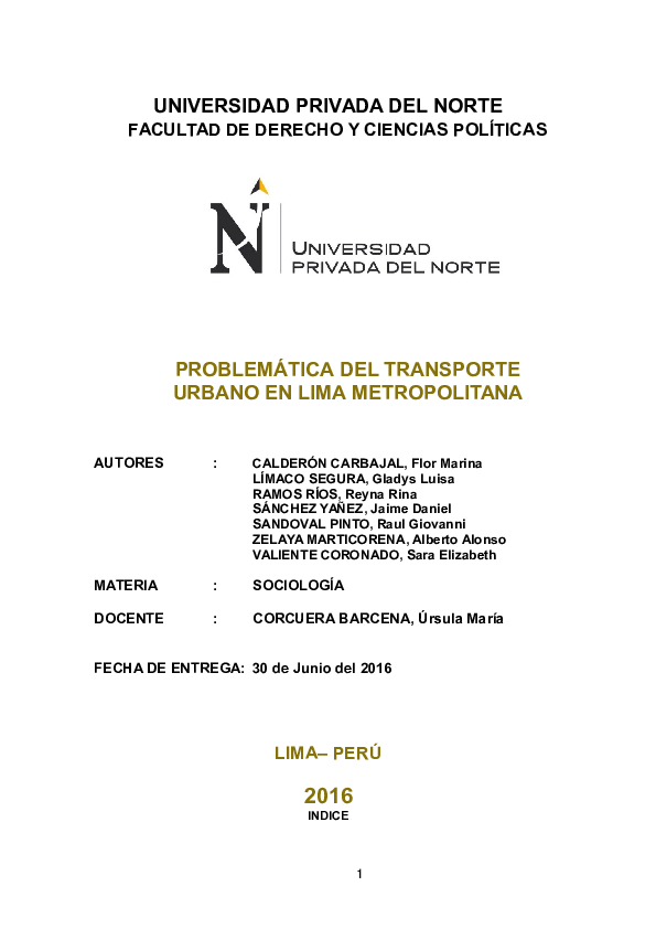 (DOC) UNIVERSIDAD PRIVADA DEL NORTE PROBLEMÁTICA DEL TRANSPORTE URBANO EN LIMA METROPOLITANA