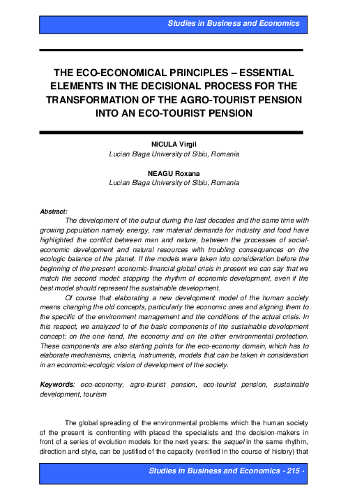 (PDF) The Eco-Economical Principles – Essential Elements in the ...