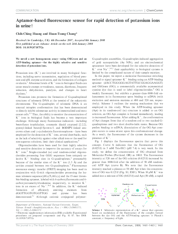 (PDF) Aptamer-based fluorescence sensor for rapid detection of potassium ions in urine | Chih ...