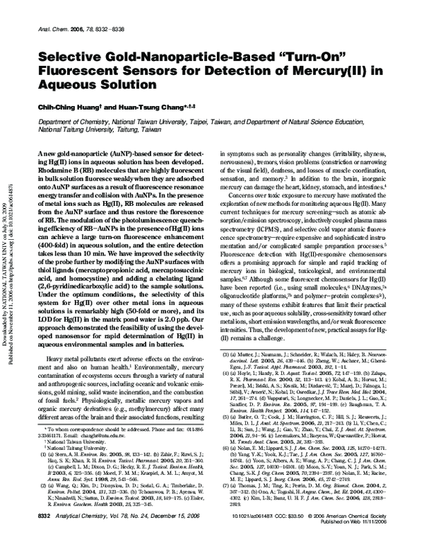Pdf Selective Gold Nanoparticle Based “turn On” Fluorescent Sensors For Detection Of Mercury