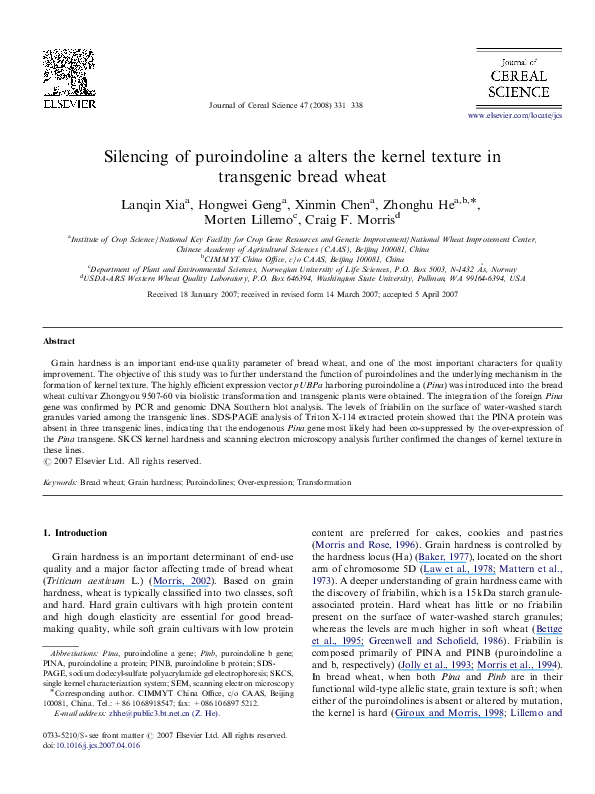 (PDF) Silencing of puroindoline a alters the kernel texture in ...