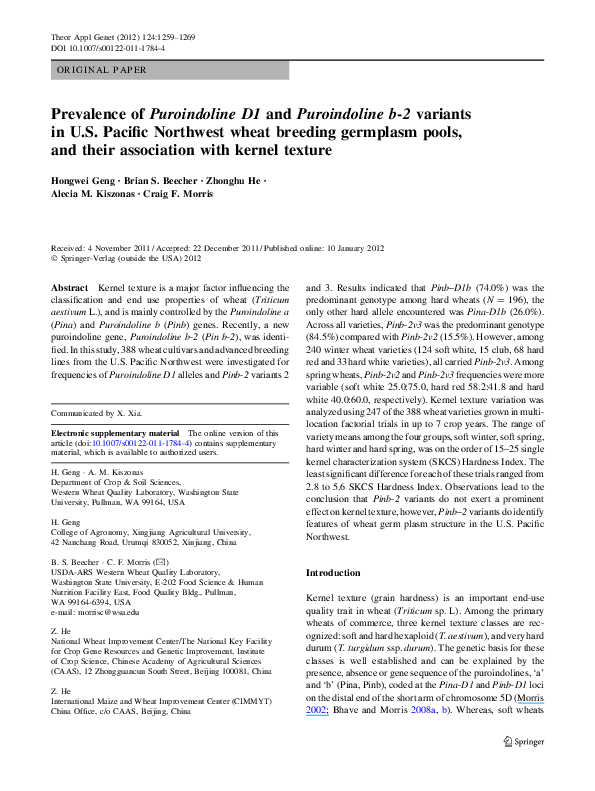 (PDF) Prevalence of Puroindoline D1 and Puroindoline b-2 variants in U ...