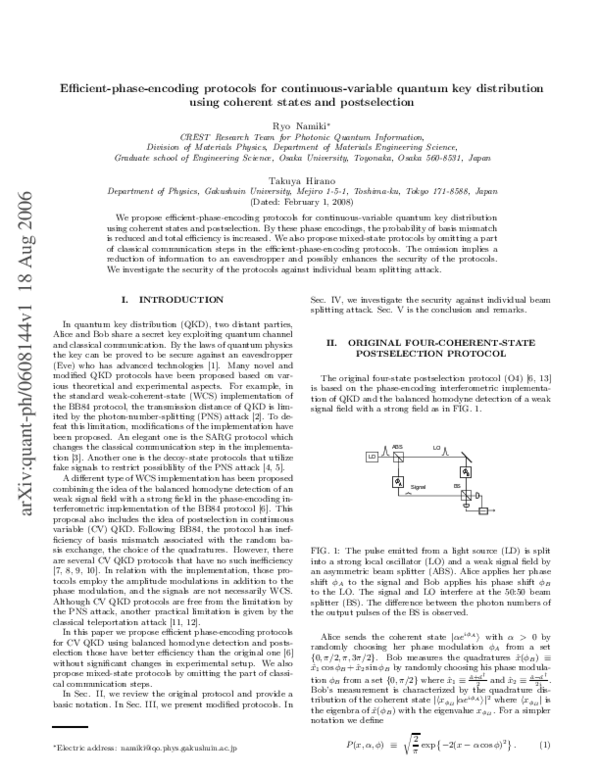 (PDF) Efficient-phase-encoding protocols for continuous-variable quantum key distribution using ...
