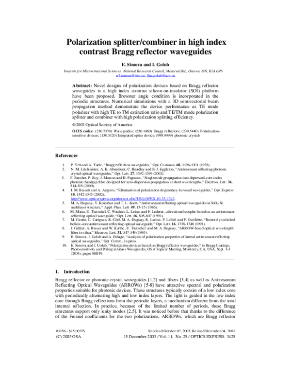 (PDF) Polarization splitter/combiner in high index contrast Bragg reflector waveguides
