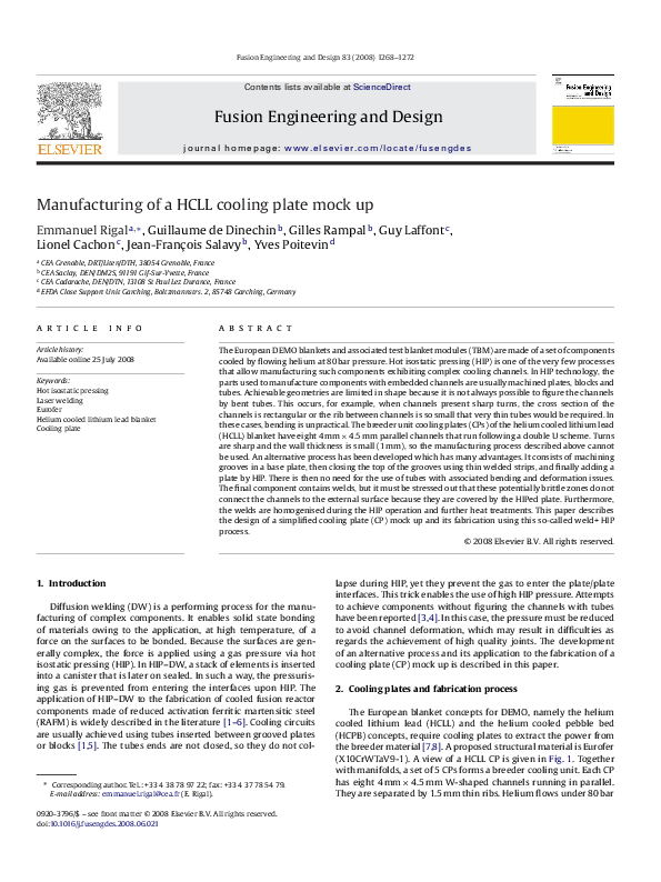 (PDF) Manufacturing of a HCLL cooling plate mock up