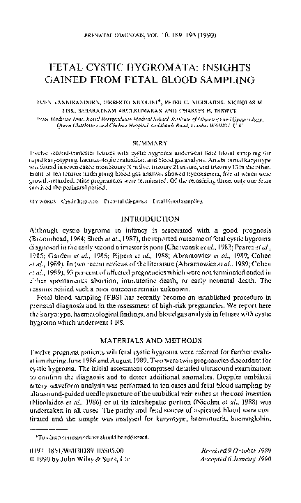 (PDF) Fetal cystic hygromata: Insights gained from fetal blood sampling