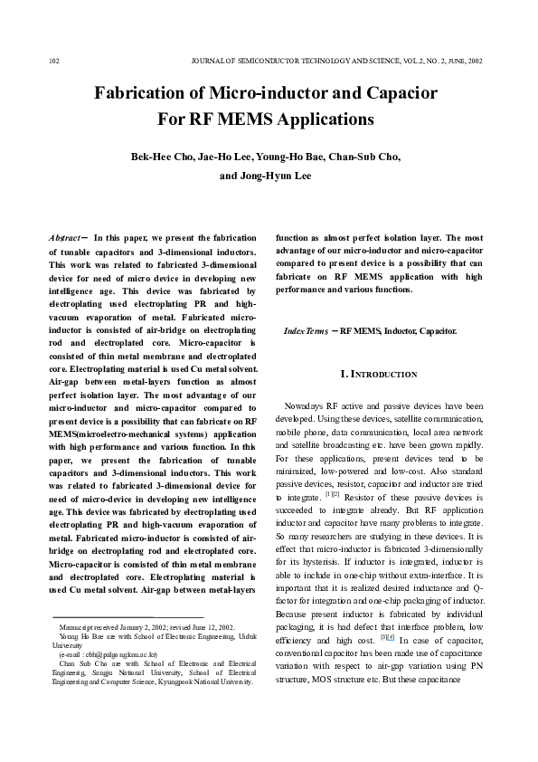 (PDF) Fabrication of Micro-inductor and Capacior For RF MEMS Applications