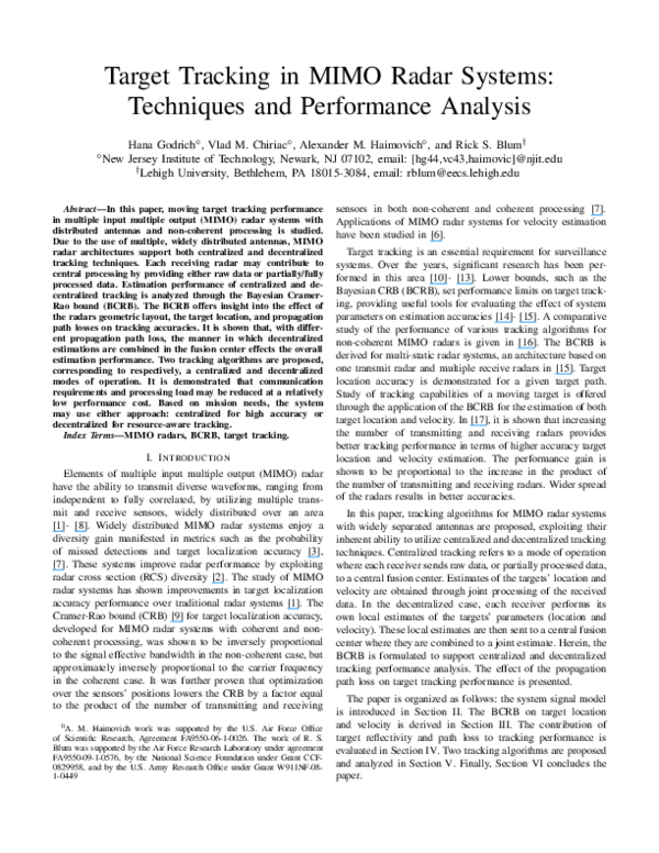 (PDF) Target tracking in MIMO radar systems: Techniques and performance analysis