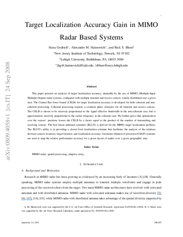 Pdf Target Localization Accuracy Gain In Mimo Radar Based Systems Hana Godrich