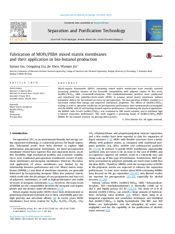 (PDF) Fabrication of MOFs/PEBA mixed matrix membranes and their ...