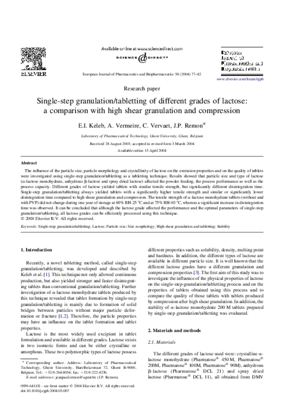 (PDF) Single-step granulation/tabletting of different grades of lactose ...