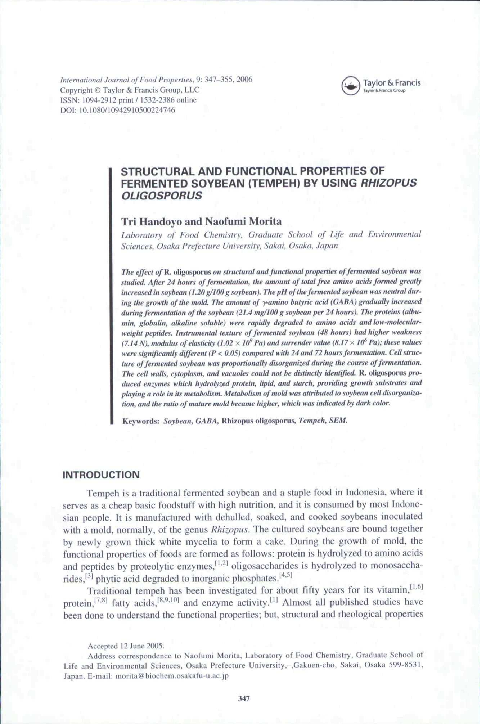 (PDF) Structural and Functional Properties of Fermented Soybean (Tempeh) by Using Rhizopus ...