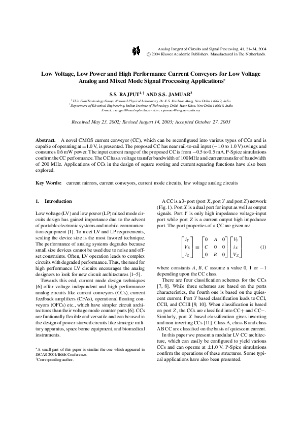 (PDF) Low Voltage, Low Power and High Performance Current Conveyors for Low Voltage Analog and ...