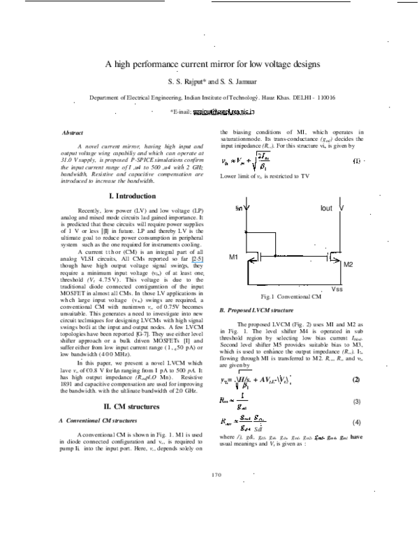 (PDF) A high performance current mirror for low voltage designs