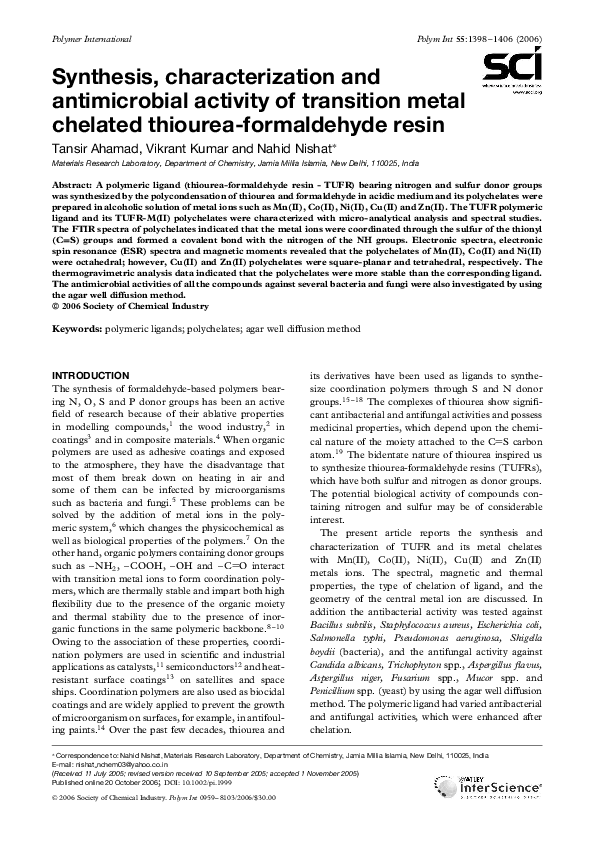 (PDF) Synthesis, characterization and antimicrobial activity of transition metal chelated ...