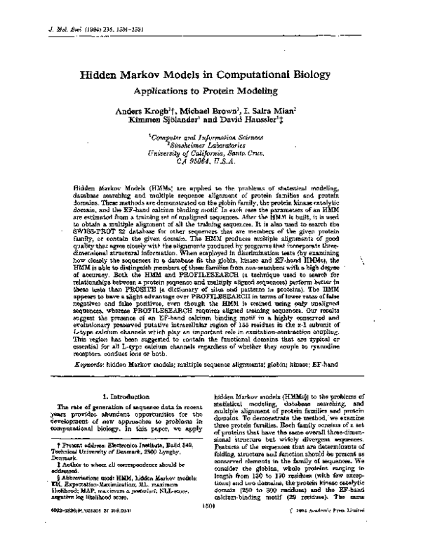 (PDF) Hidden Markov Models in Computational Biology Applications to Protein Modeling