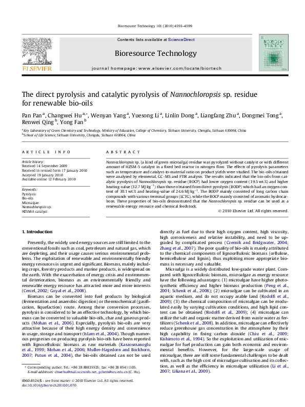(PDF) The direct pyrolysis and catalytic pyrolysis of Nannochloropsis sp. residue for renewable ...