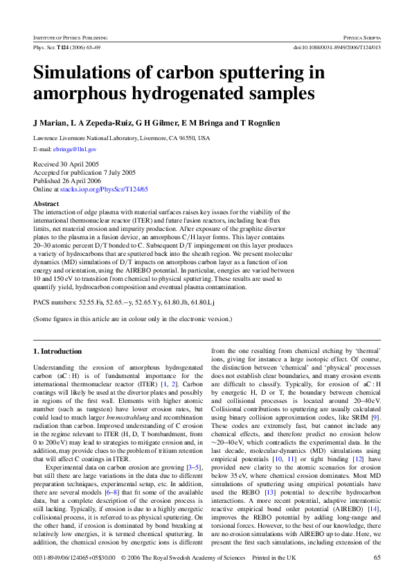 (PDF) Simulations of carbon sputtering in amorphous hydrogenated samples