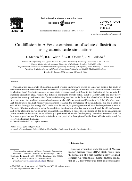 (PDF) Cu diffusion in α-Fe: determination of solute diffusivities using atomic-scale simulations