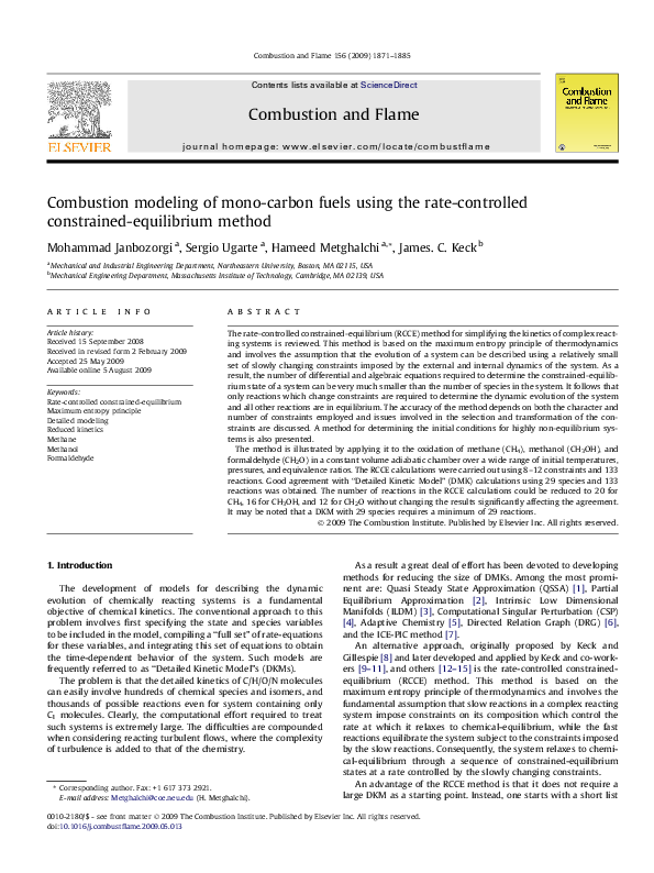 (PDF) Combustion modeling of mono-carbon fuels using the rate-controlled constrained-equilibrium ...
