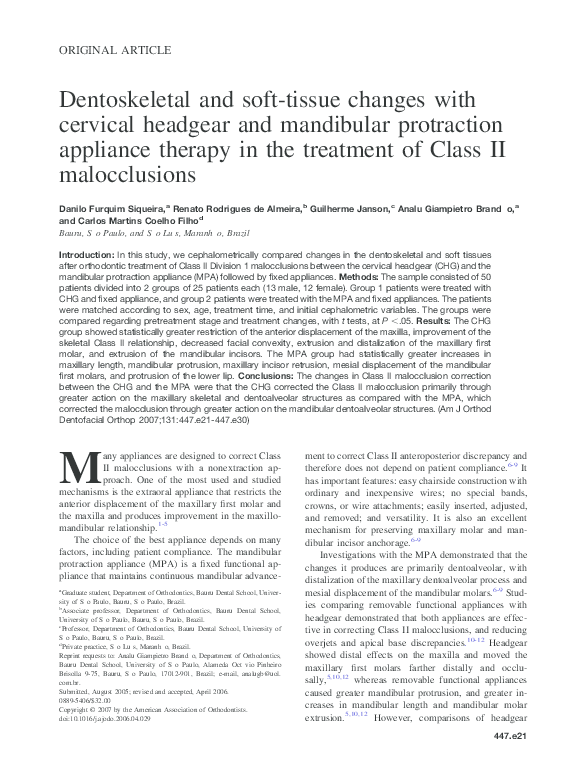 (PDF) Dentoskeletal and soft-tissue changes with cervical headgear and ...