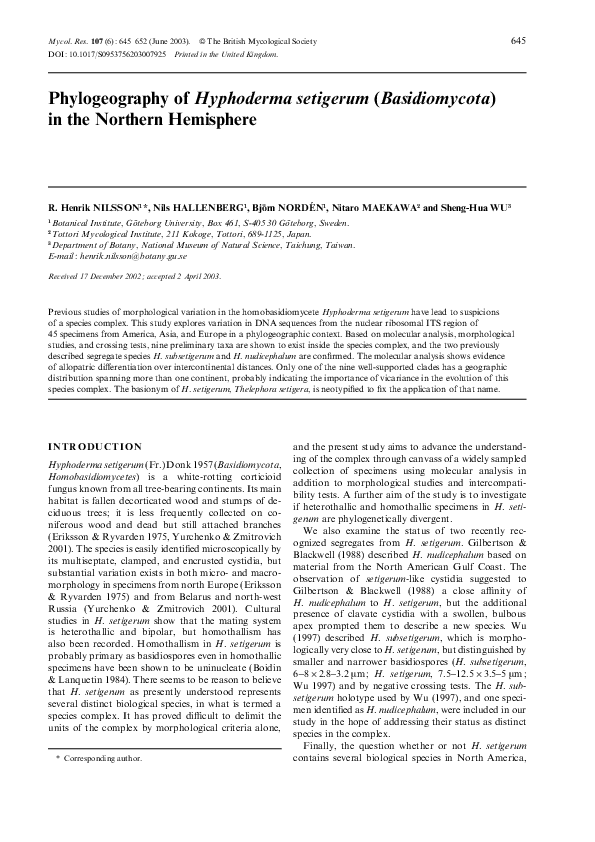 (PDF) Phylogeography of Hyphoderma setigerum (Basidiomycota) in the ...