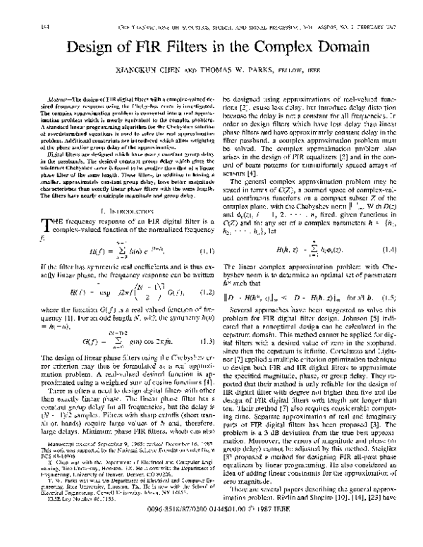 Pdf Design Of Fir Filters In The Complex Domain
