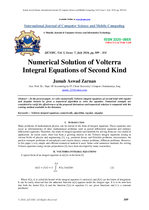 Pdf Numerical Solution Of Volterra Integral Equations Of Second Kind