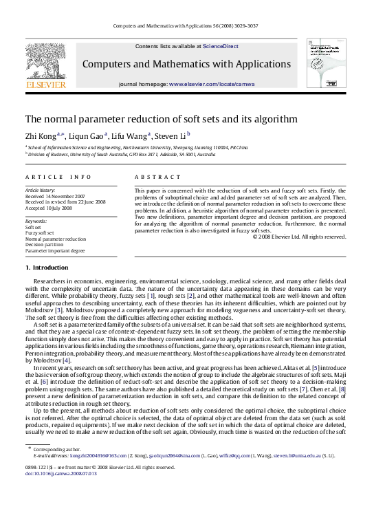 Pdf The Normal Parameter Reduction Of Soft Sets And Its Algorithm Lifu Wang