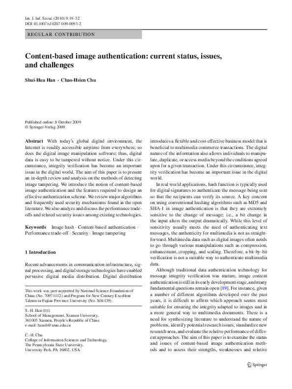 (PDF) Content-based Image Authentication: Current Status, Issues, and ...