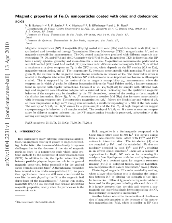 (PDF) Magnetic properties of fe3O4 nanoparticles coated with oleic and ...
