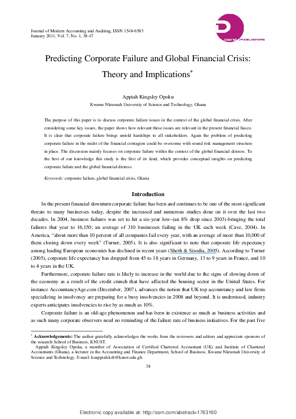 (PDF) Predicting Corporate Failure and Global Financial Crisis: Theory ...