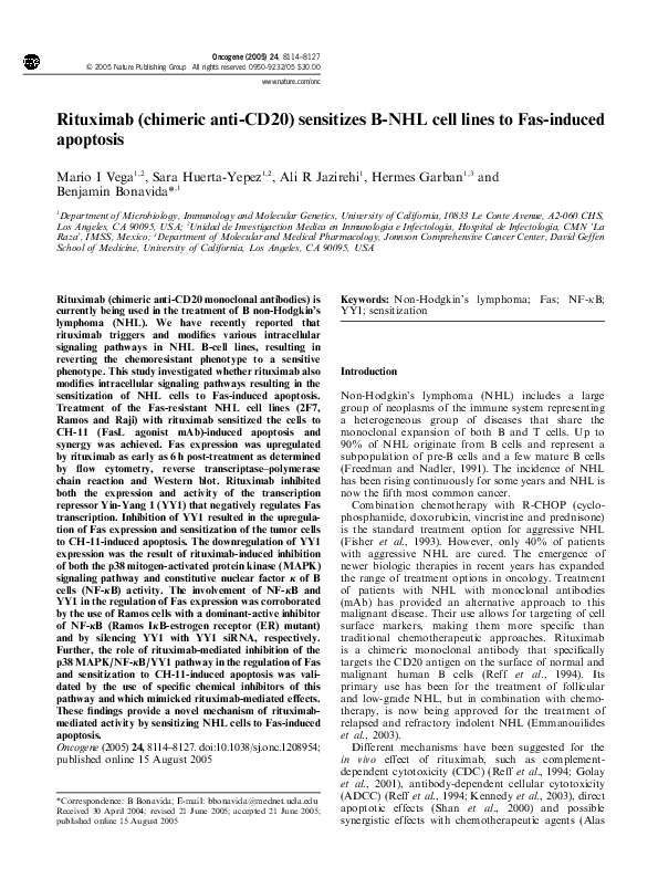 (PDF) Rituximab (chimeric anti-CD20) sensitizes B-NHL cell lines to Fas-induced apoptosis
