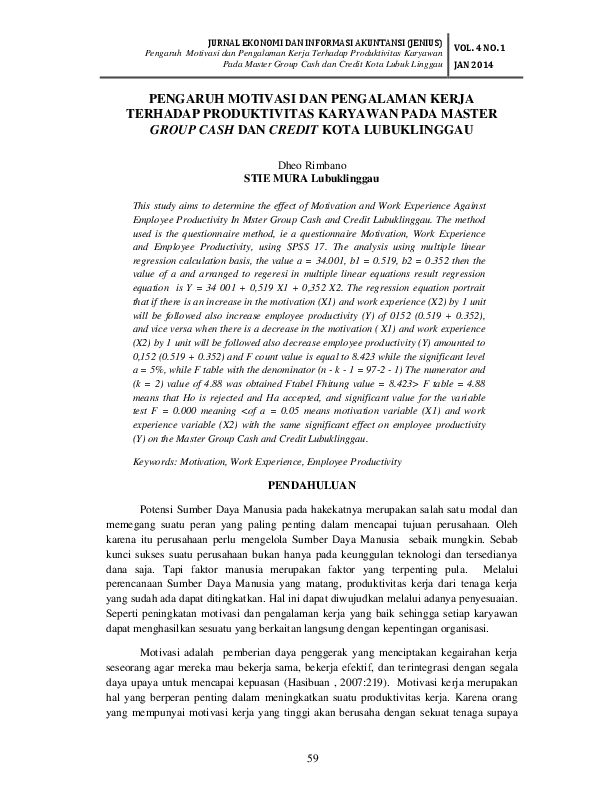 (PDF) PENGARUH MOTIVASI DAN PENGALAMAN KERJA TERHADAP PRODUKTIVITAS KARYAWAN PADA MASTER GROUP ...