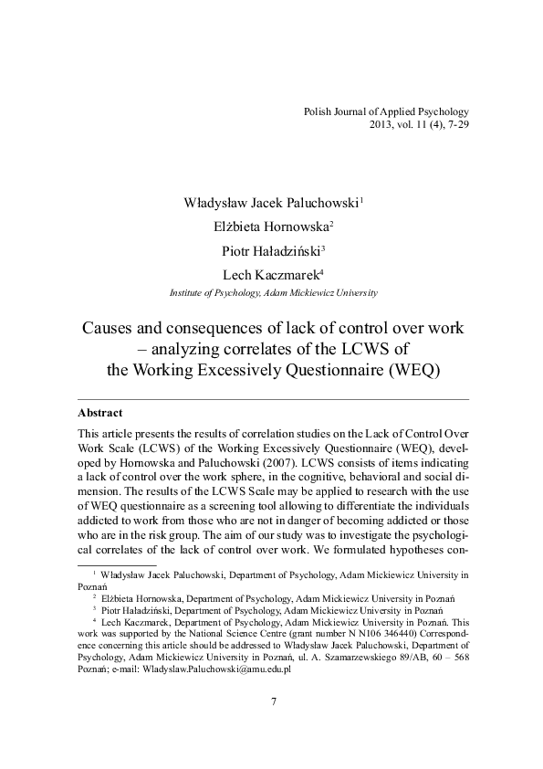 (PDF) Causes and consequences of lack of control over work - analyzing ...