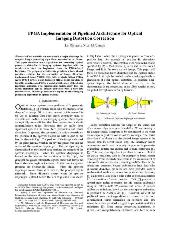 Pdf Fpga Implementation Of Pipelined Architecture For Optical Imaging Distortion Correction