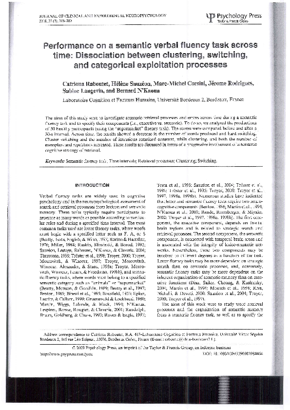 Pdf Performance On A Semantic Verbal Fluency Task Across Time Dissociation Between Clustering