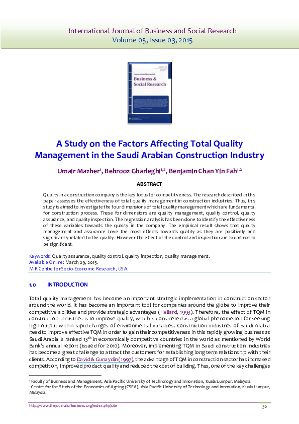 (PDF) A Study on the Factors Affecting Total Quality Management in the ...