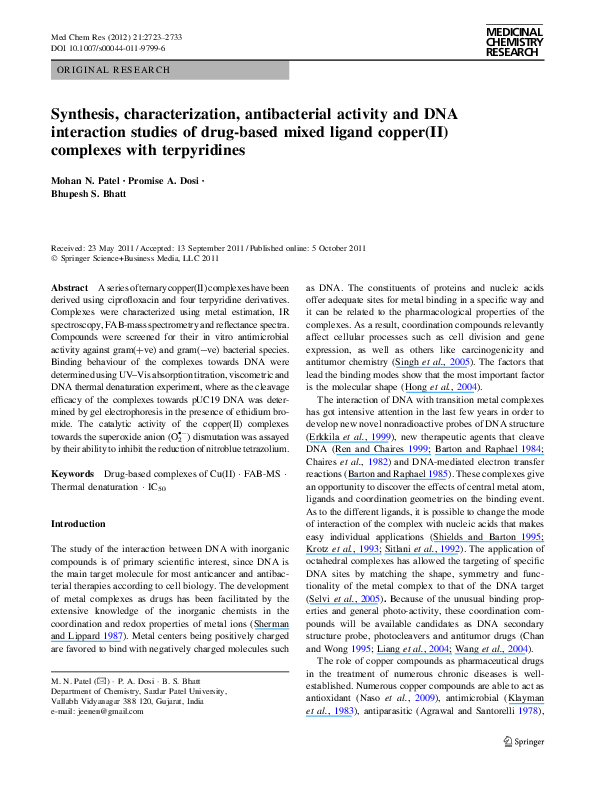 (PDF) Synthesis, characterization, antibacterial activity, SOD mimic and interaction with DNA of ...