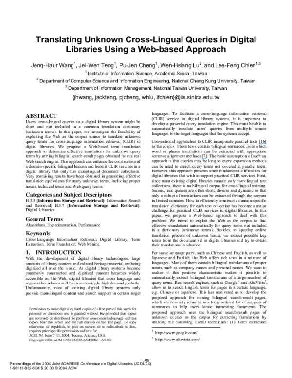 (PDF) Translating unknown cross-lingual queries in digital libraries using a web-based approach