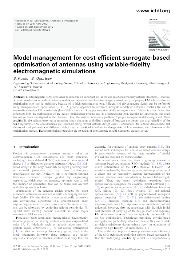 (PDF) Model management for cost-efficient surrogate-based optimisation of antennas using ...