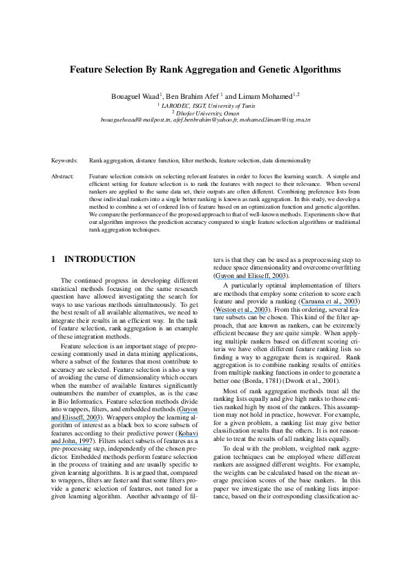 (PDF) Feature selection by rank aggregation and genetic algorithms (PDF) Feature selection by rank aggregation and genetic algorithms