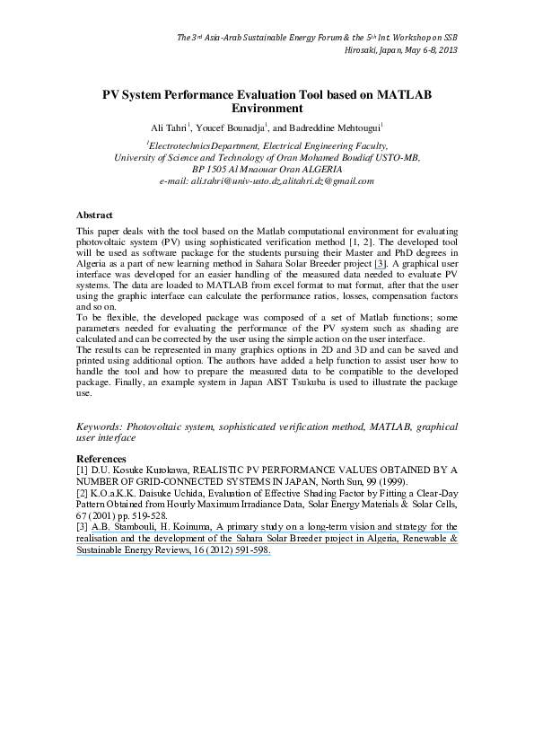 (PDF) PV System Performance Evaluation Tool based on MATLAB Environment