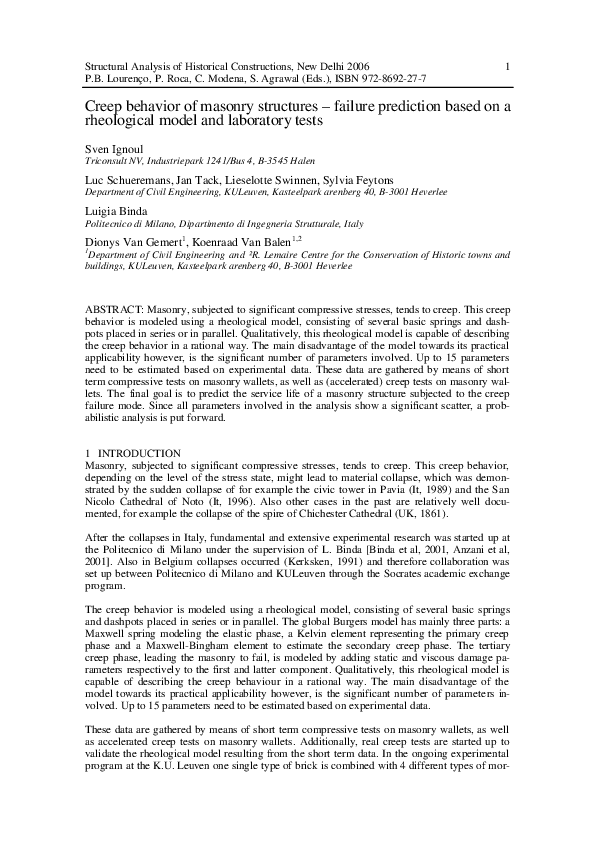 (PDF) Creep behavior of masonry structures - failure prediction based on a rheological model and ...