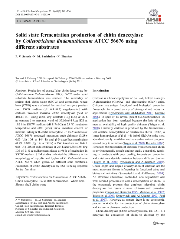 (PDF) Solid state fermentation production of chitin deacetylase by Colletotrichum lindemuthianum ...