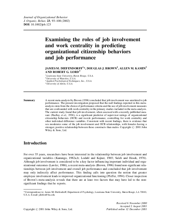 (PDF) Examining the roles of job involvement and work centrality in predicting organizational ...
