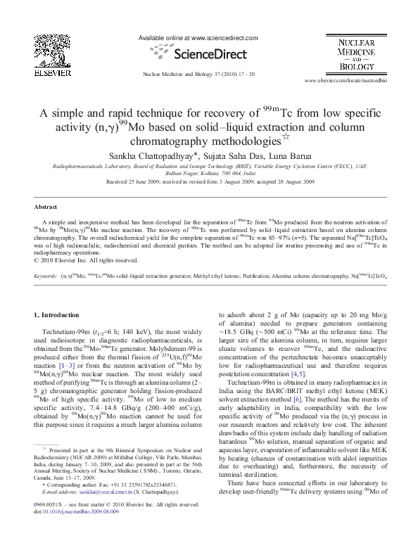 (PDF) A simple and rapid technique for recovery of 99mTc from low ...