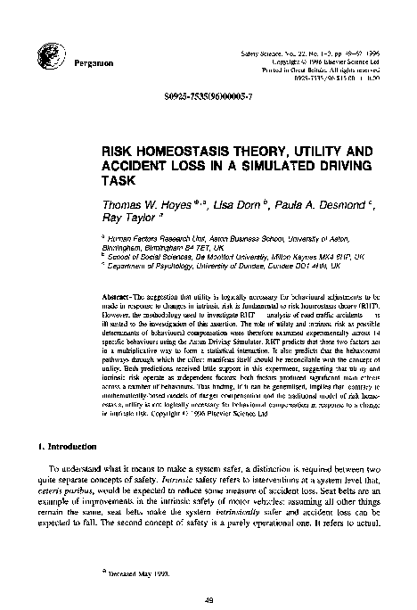 (PDF) Risk homeostasis theory, utility and accident loss in a simulated ...
